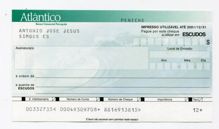 Portugal - MINT UNCIRCULATED ORIGINAL BANK CHEQUE in Escudos ...